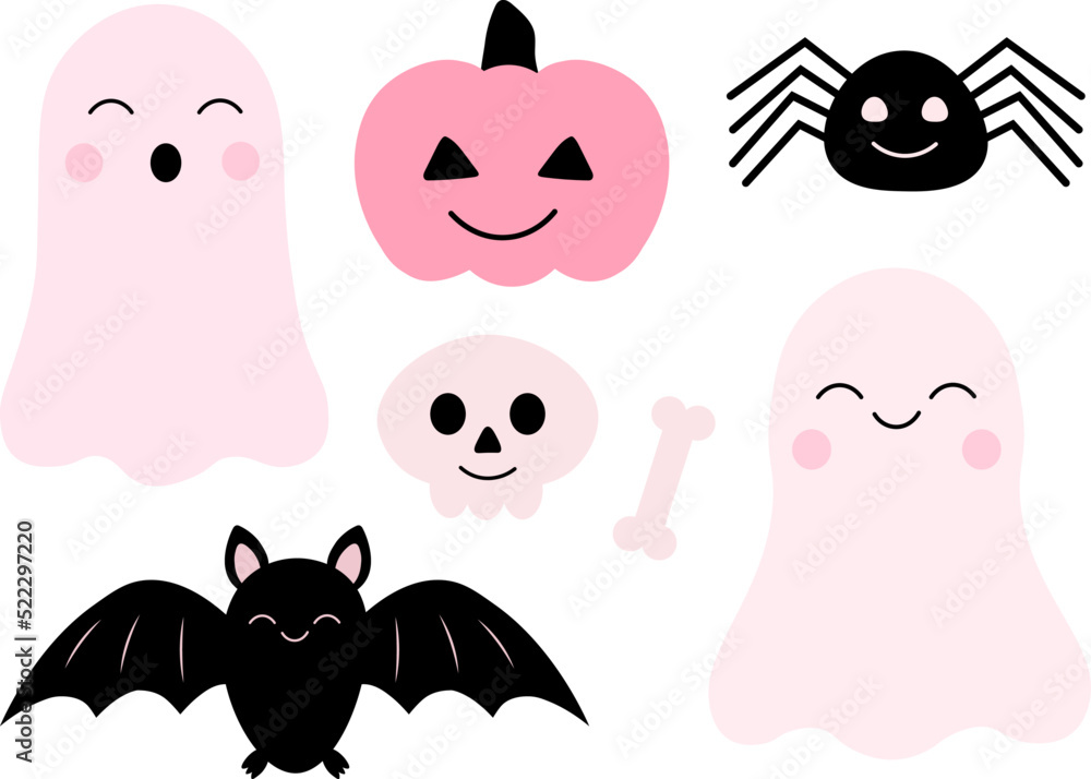 Set cute pink ghost pumpkin bat spider Halloween vector illustration ...