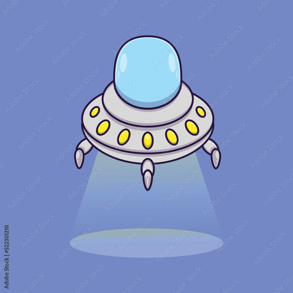 Cartoon vector icon of a flying ufo shining a light. Fantasy Concept ...