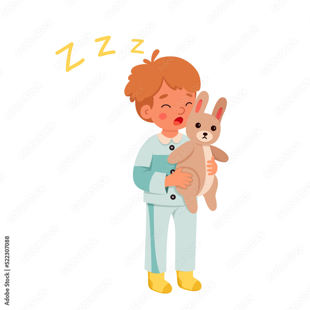 Sleepy boy with bunny at bedtime vector illustration. Cartoon isolated ...