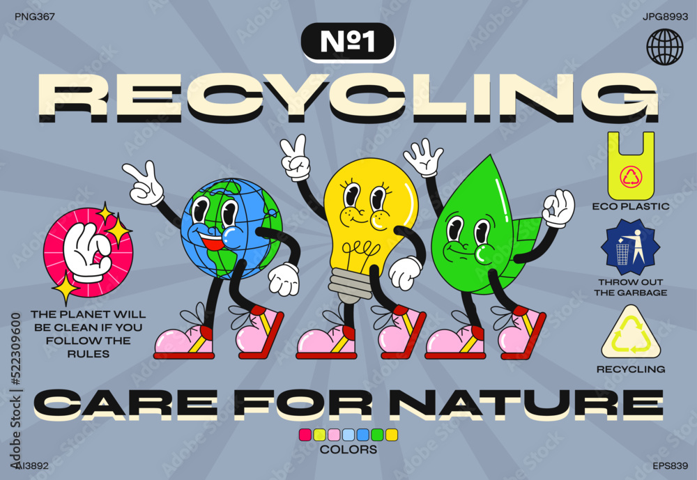 Cartoon characters on the theme of recycling: planet earth, light bulb ...