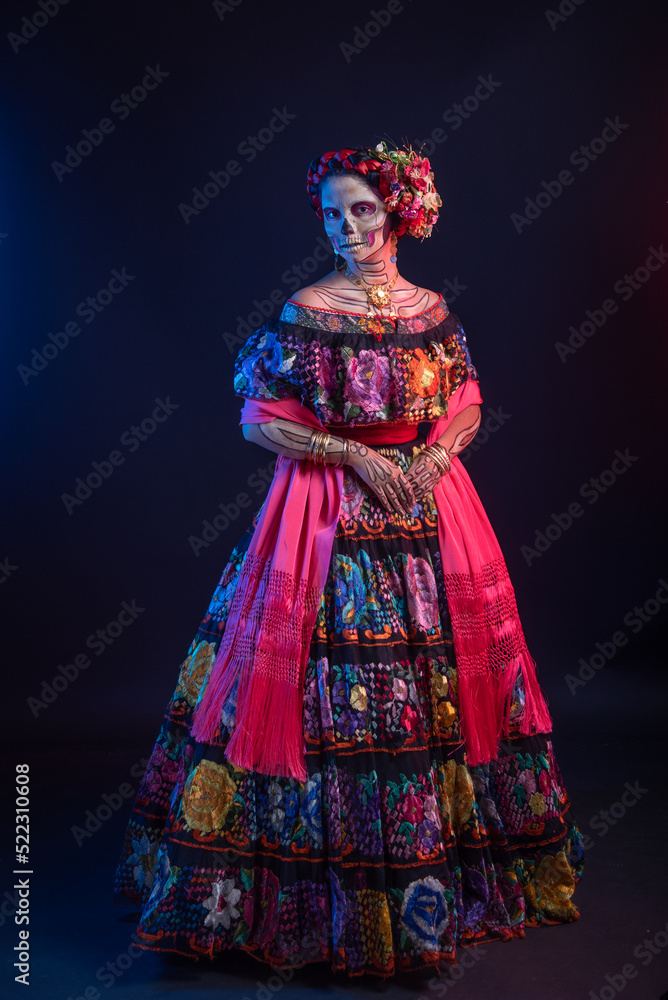 catrina woman dressed in a mexican chiapas costume with a black ...