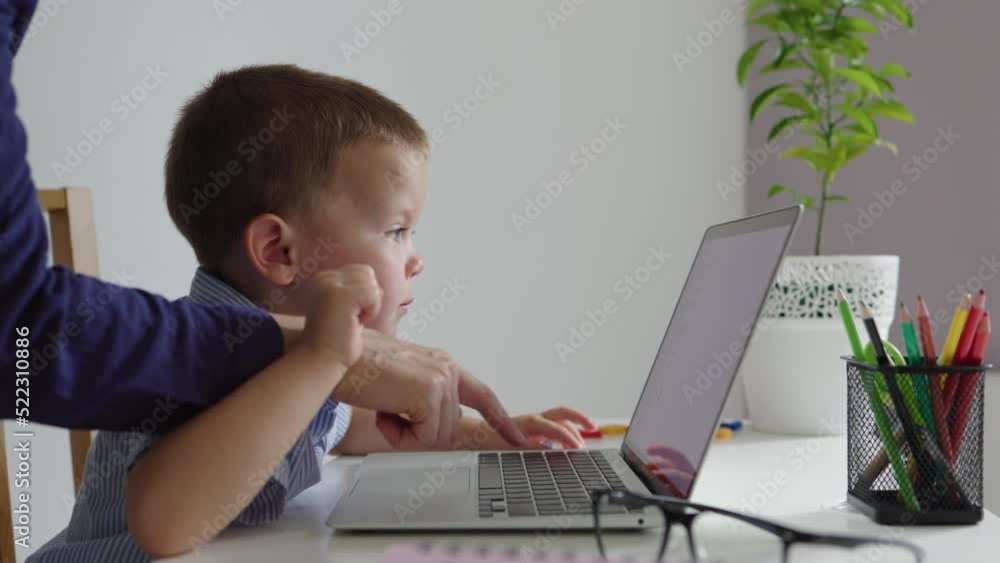 online education at home child kid boy learning use computer laptop ...