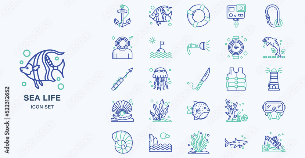 Sea Life outline coloured icon set Stock Vector | Adobe Stock