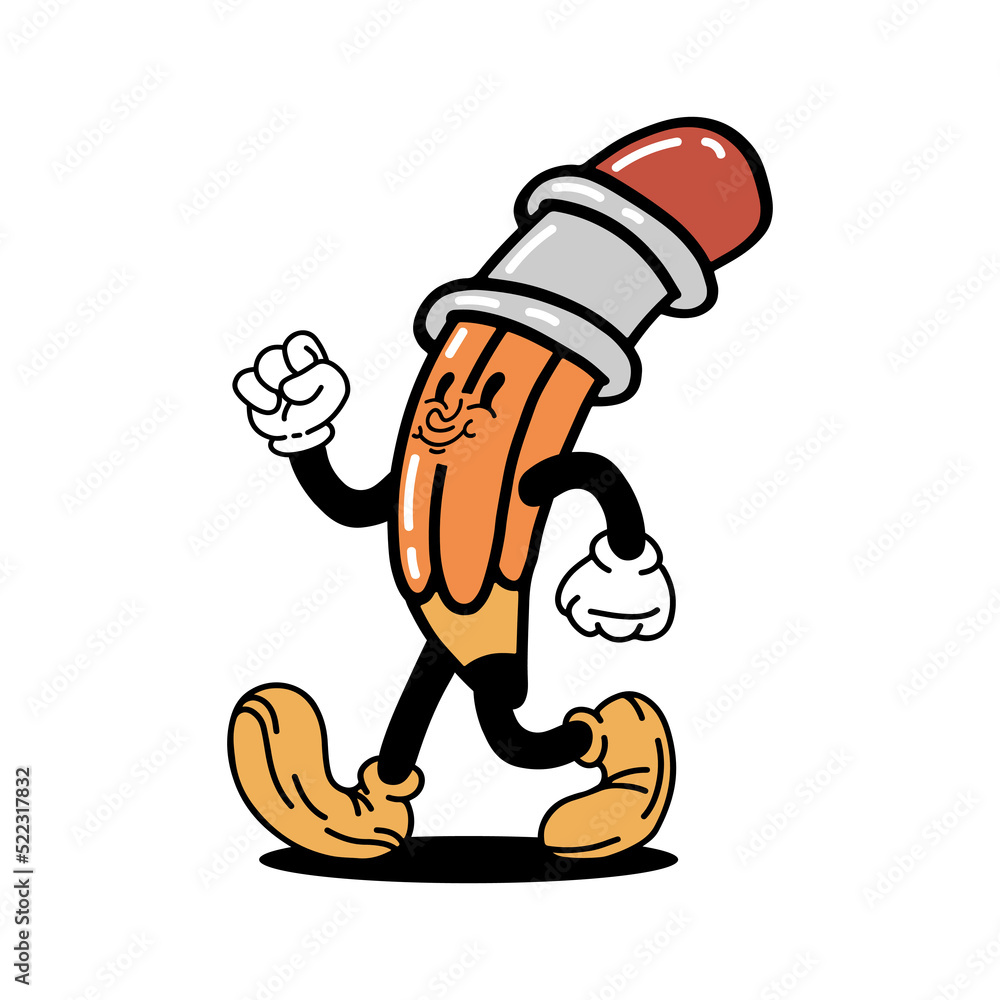 Cartoon Pencil vintage retro mascot. Vector illustration. Stock Vector ...