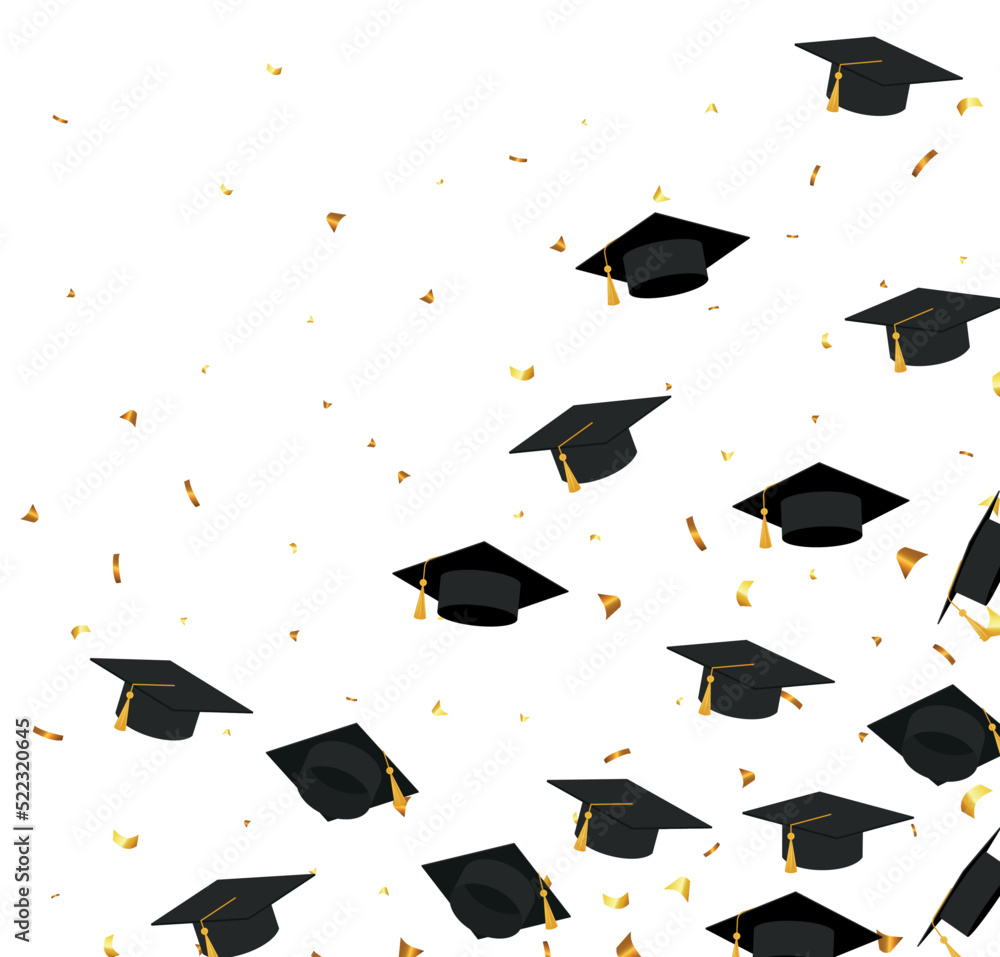 Graduation. Transparent background with realistic flying black degree ...