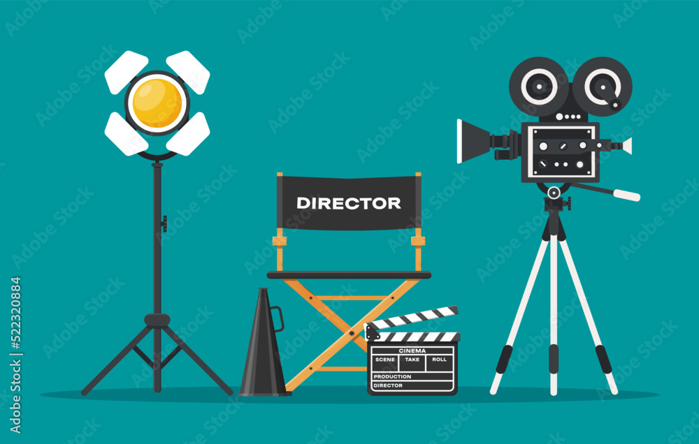 Directors' chair with a megaphone, a projector, a camera and a carriage ...