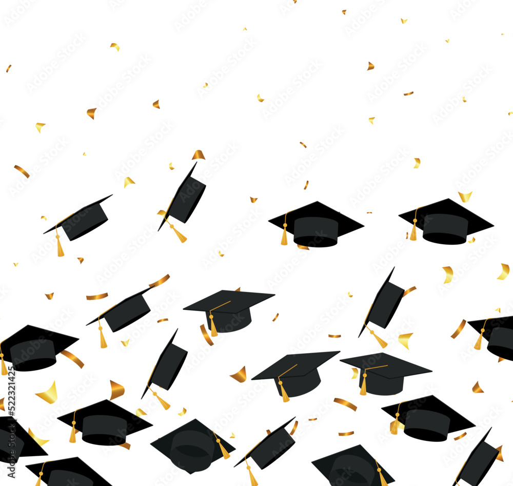Graduation. Transparent background with realistic flying black degree ...
