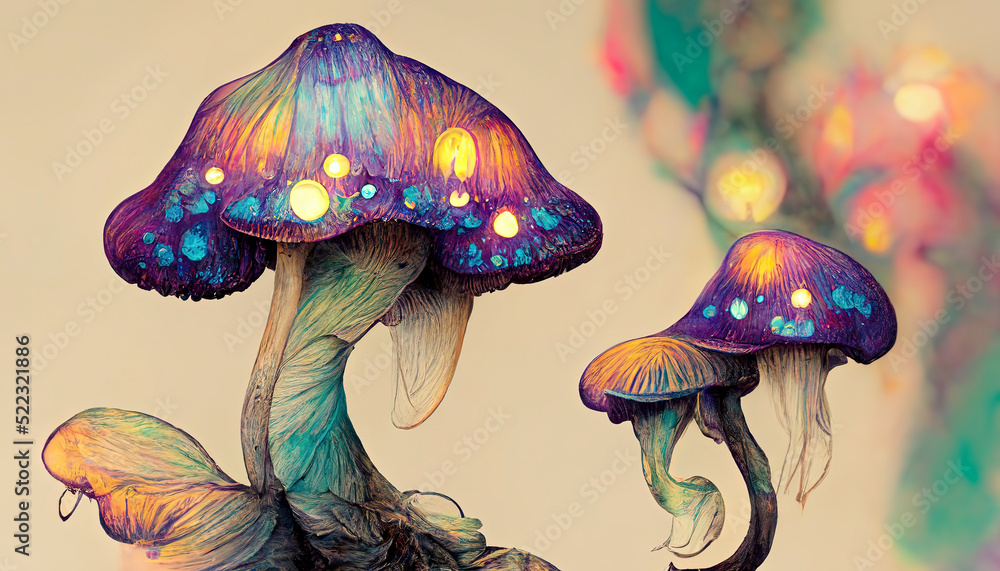 Colorful, bright, fantasy magic mushrooms glowing in the dark ...