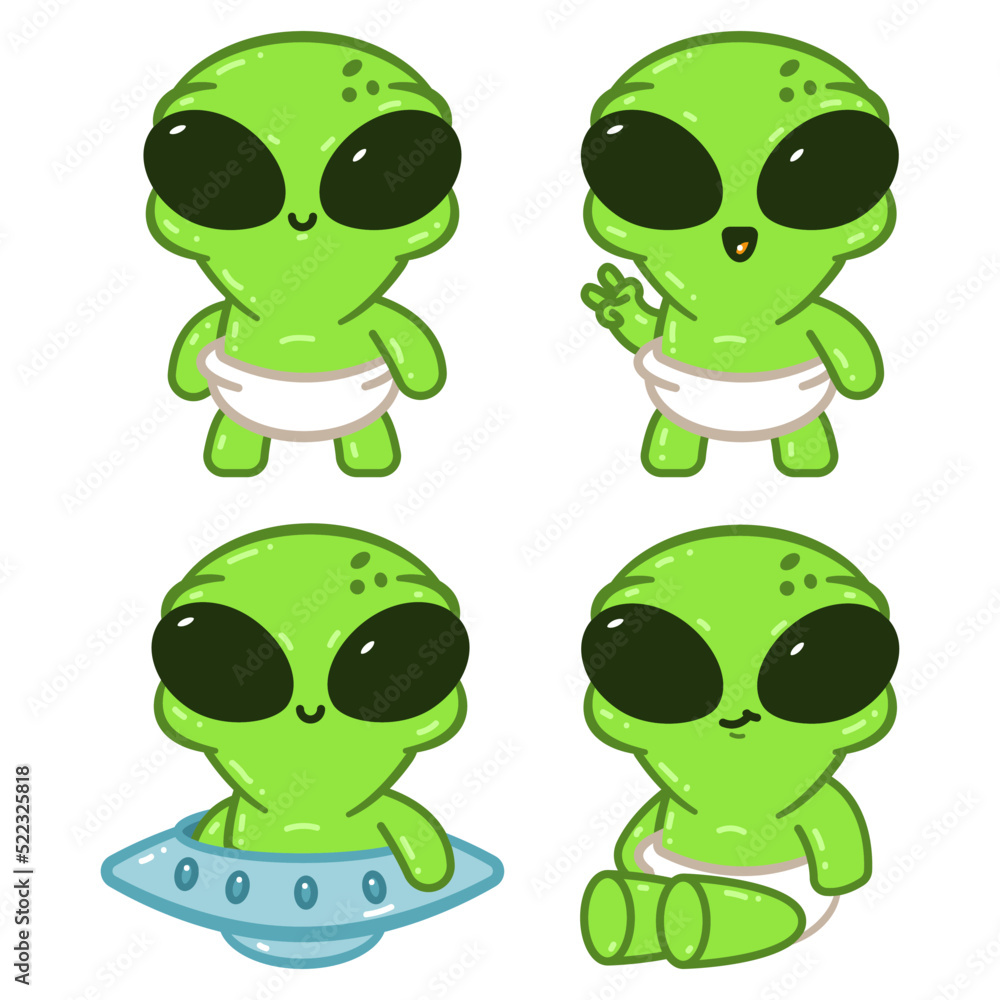 Cute baby alien in diapers vector cartoon characters set isolated on a ...