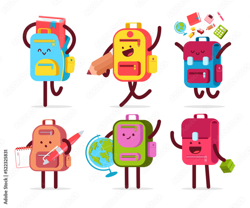 Backpack characters with school supplies vector cartoon set isolated on ...