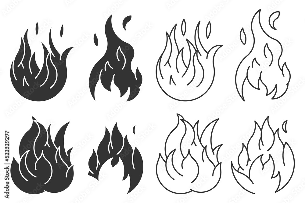 Fire flame shapes black silhouettes vector set isolated on a white ...