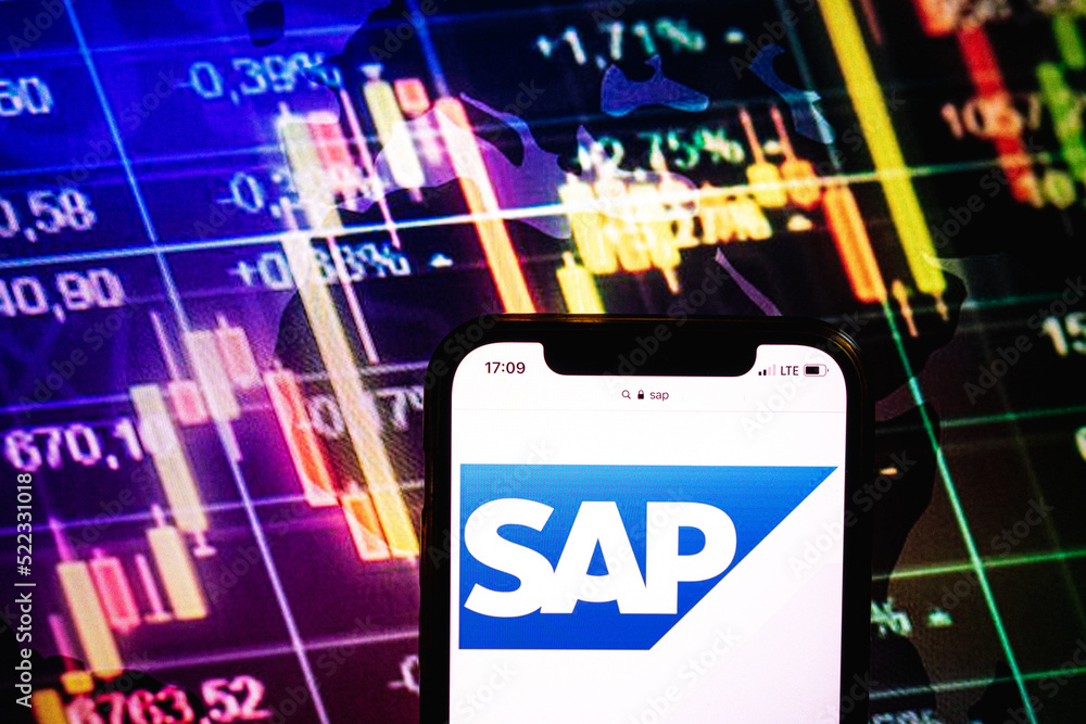 KONSKIE, POLAND - August 09, 2022: Smartphone displaying logo of SAP SE ...