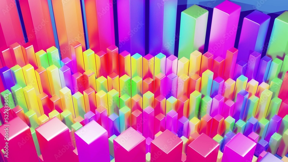 3d render. Abstract infographics from multi-colored columns in rows ...