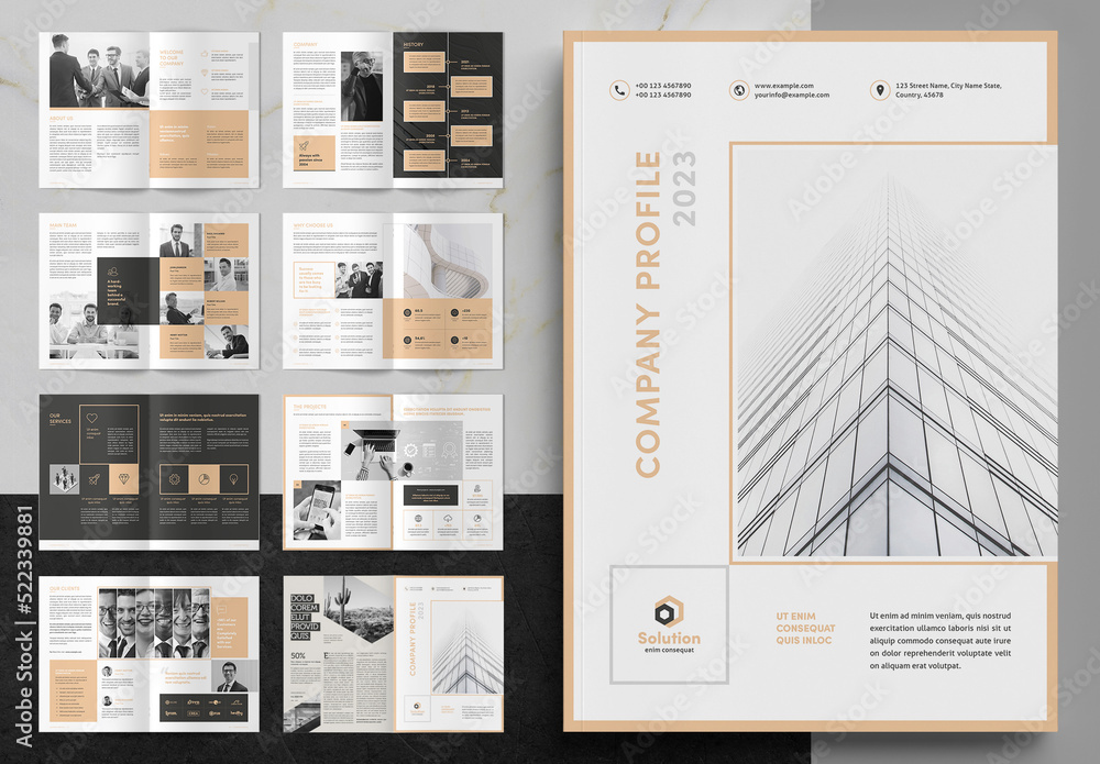 Company Profile Layout with Beige Accents Stock Template | Adobe Stock