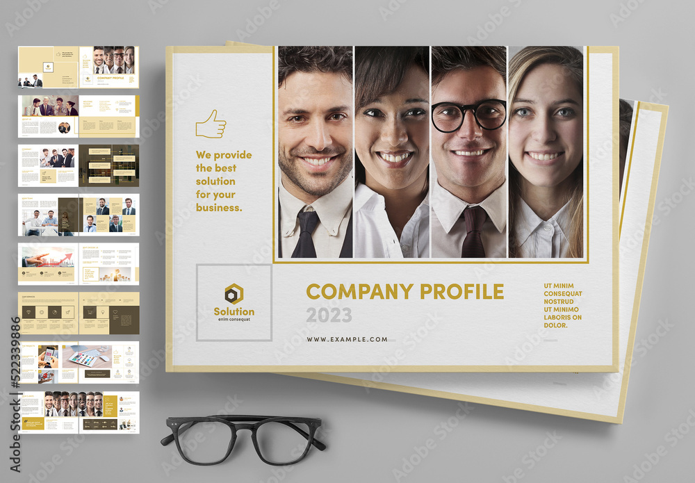 Company Profile Landscape Layout with Golden Accents Stock Template ...