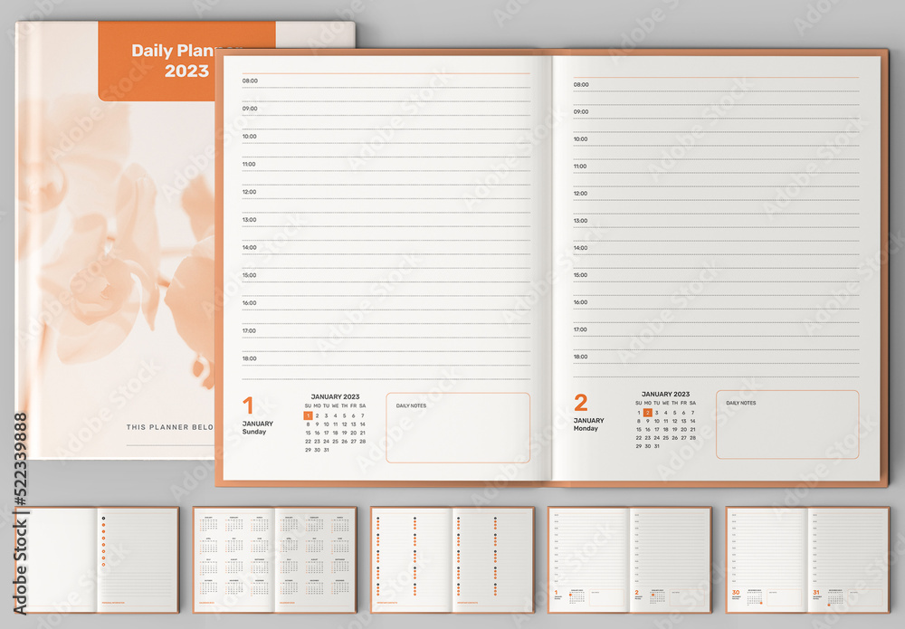Daily Planner 2023 Layout with Orange Accents Stock Template | Adobe Stock