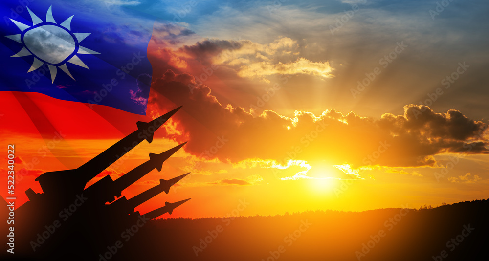 The missiles are aimed at the sky at sunset with Taiwan flag. Nuclear ...