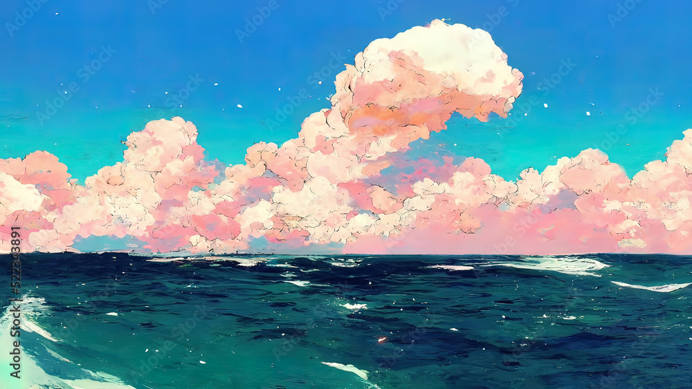 Ocean and clouds anime, manga scenery. 4K drawing of a cloudscape ...