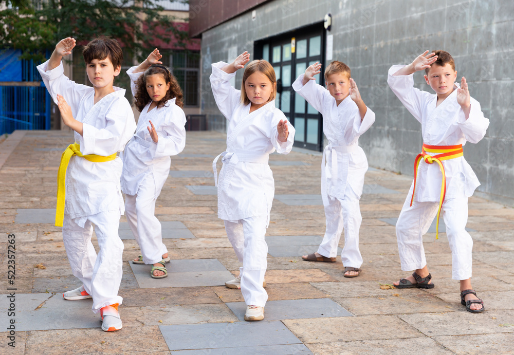 Group of concentrated preteen children learning karate movements during ...