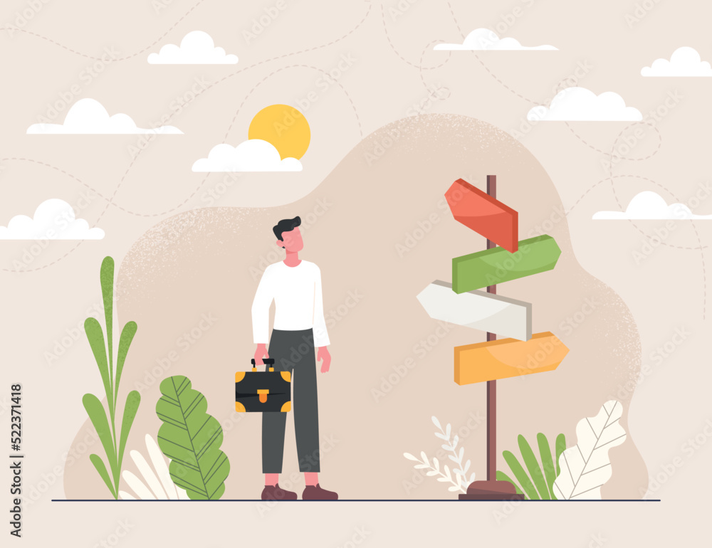 Destination choice concept. Man with briefcase stands on road in front ...