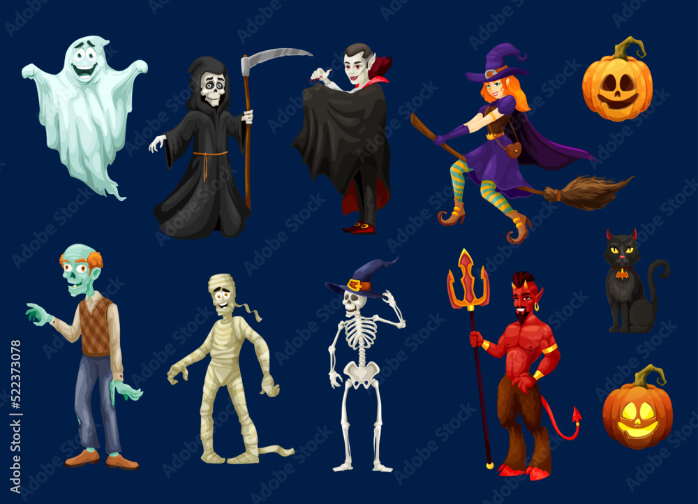 Cartoon Spooky Halloween Character Personages Vector Ghost Grim Reaper Witch On Broom Or