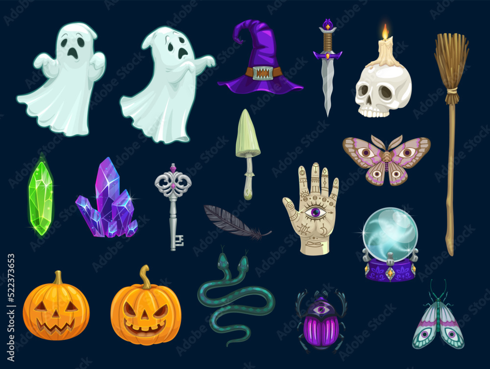 Halloween, magic and occult objects of vector ghosts, pumpkin jack-o ...