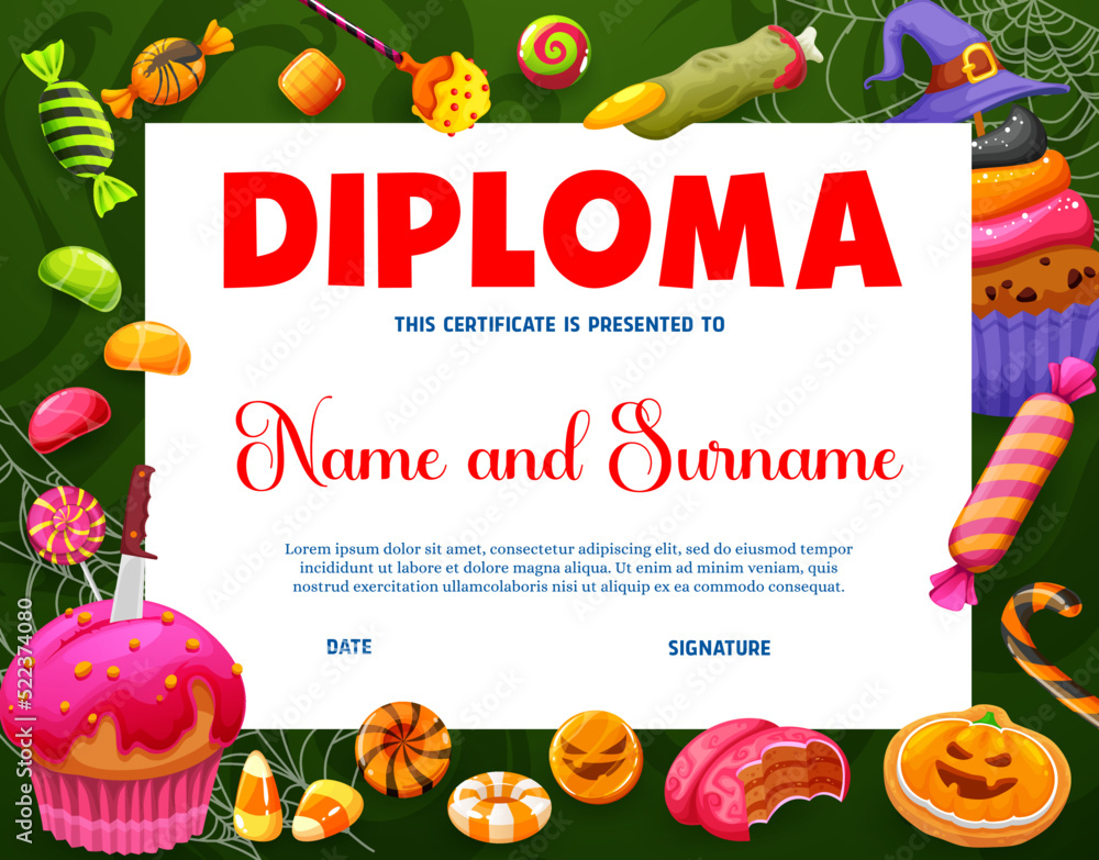 Halloween kids diploma, holiday sweets, candies and cobweb background ...