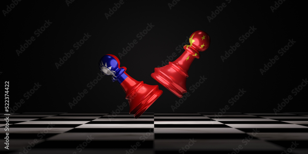 China chess and Taiwan chess battle on chess board with dark background for both countries ...
