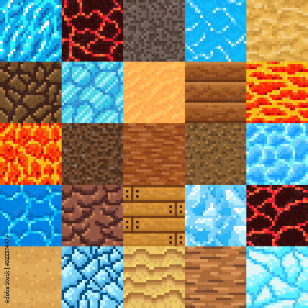 Lava, ice, iceberg, crystal, sand, water, wooden plank, magma retro ...