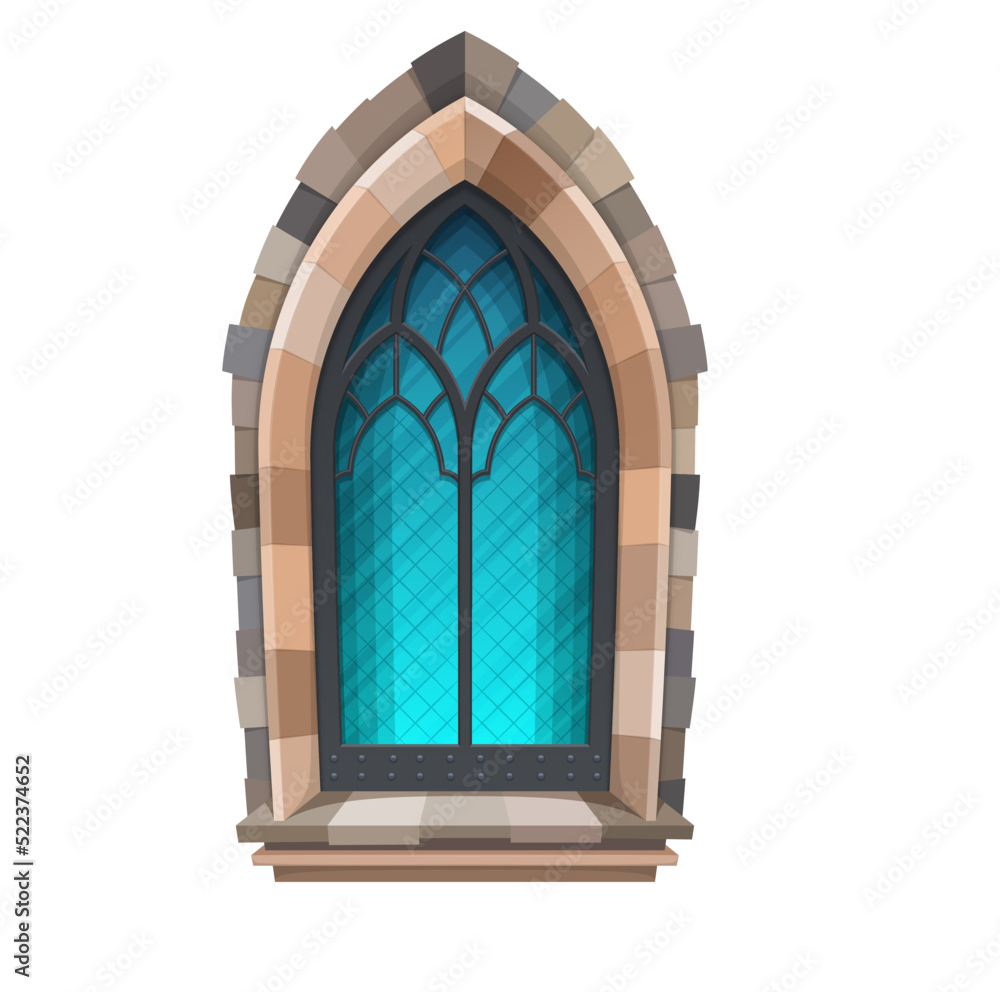 Cartoon medieval window of castle. Medieval cathedral or temple ...