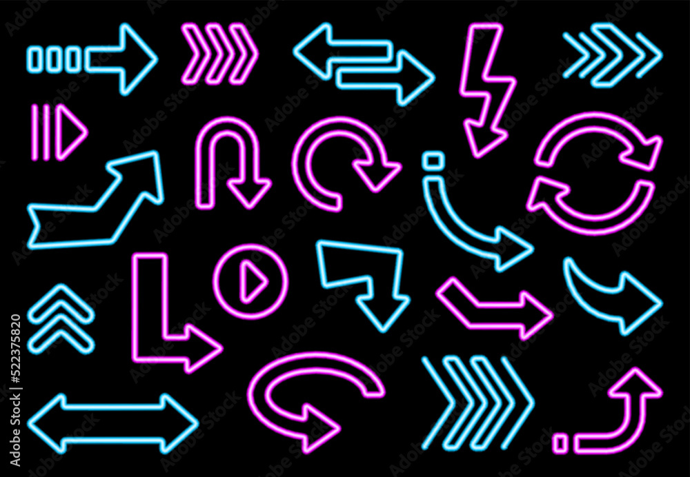 Glowing neon signs, arrows and pointers. Glowing blue and violet light ...