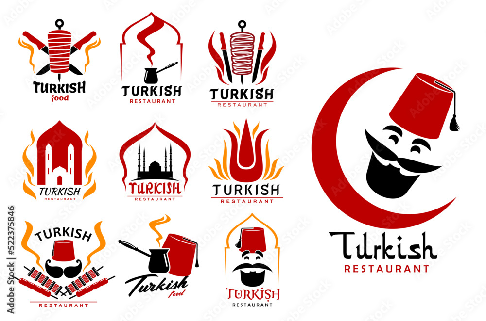 Turkish cuisine food, chef icons and symbols. Turkey fast food ...