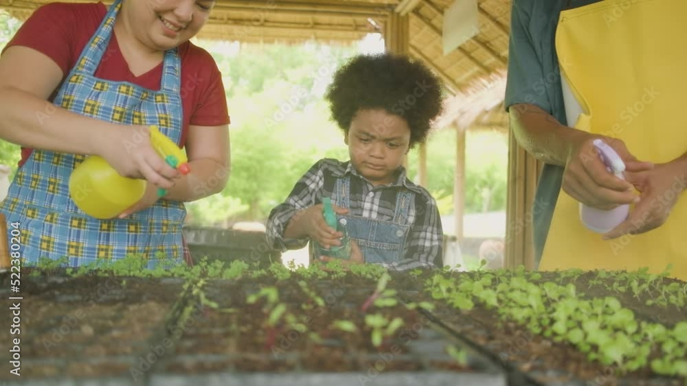 Happy African American farmer family with half-caste boy fun spray ...