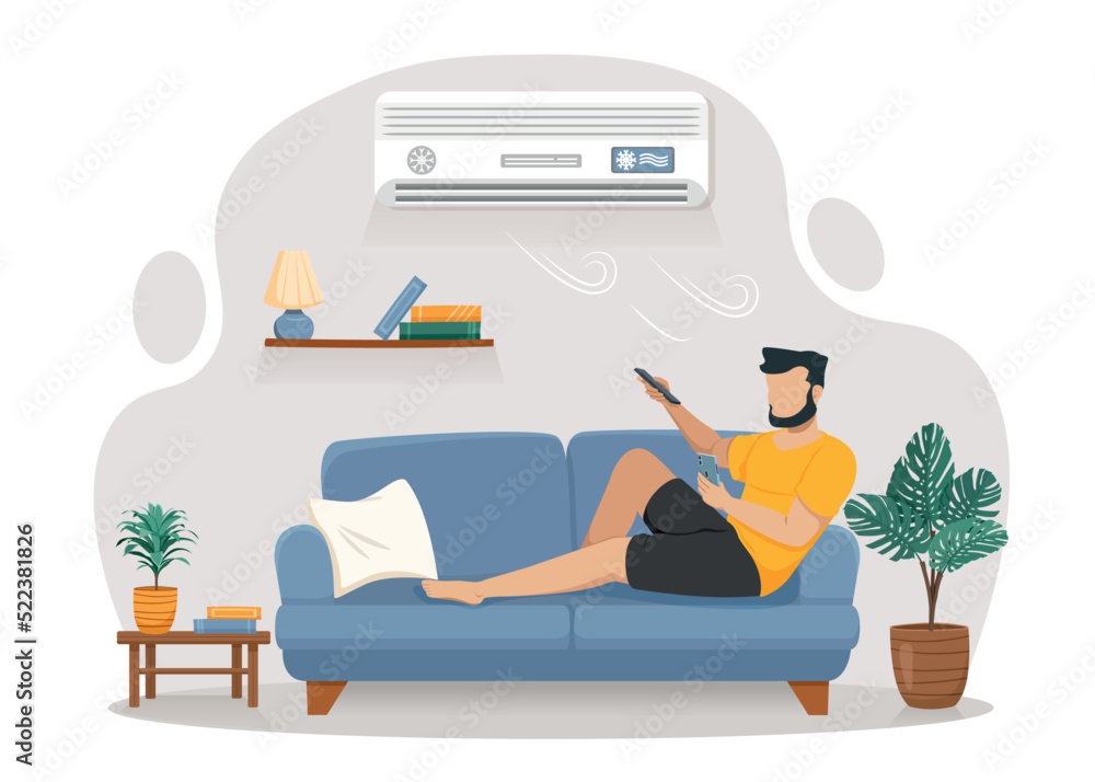 Vetor de Man relaxing at home. Young guy on couch with remote control ...