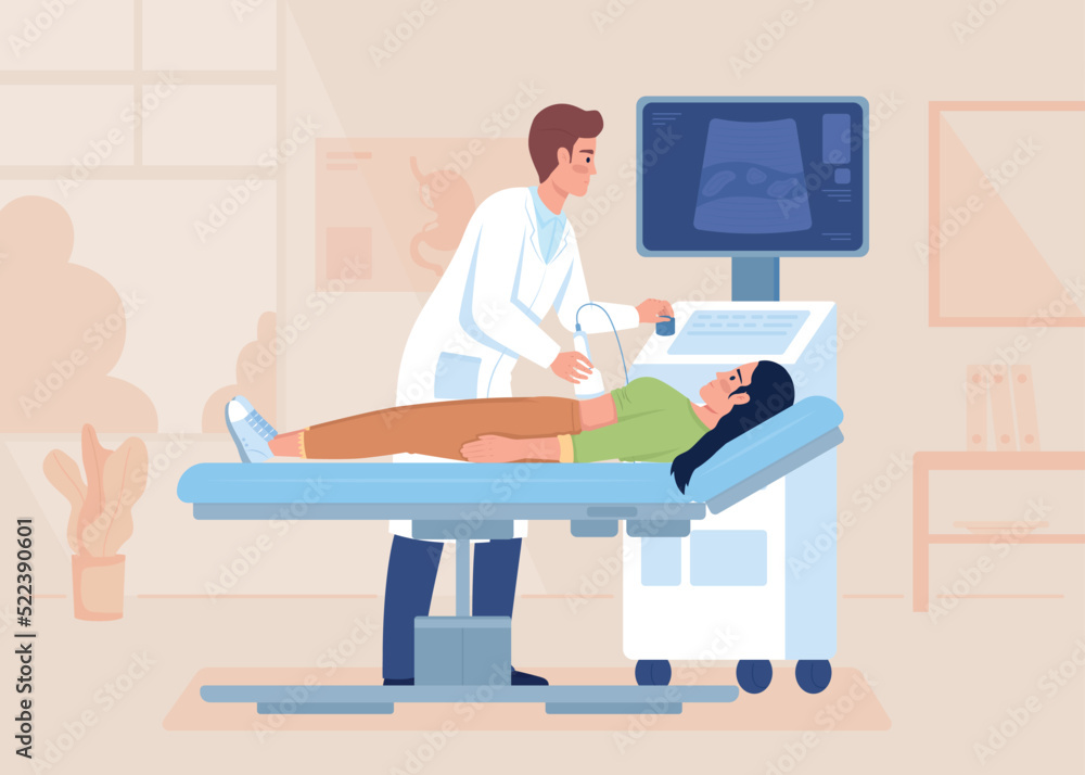 Sonographic research of patient abdomen flat color vector illustration ...