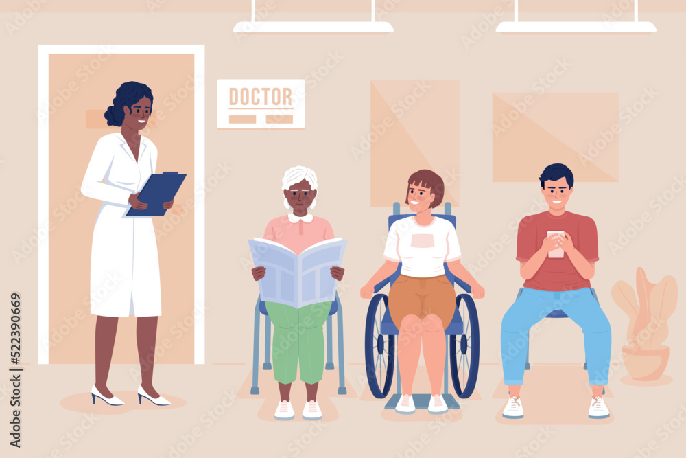 Queue in hospital hall flat color vector illustration. Doctor ...