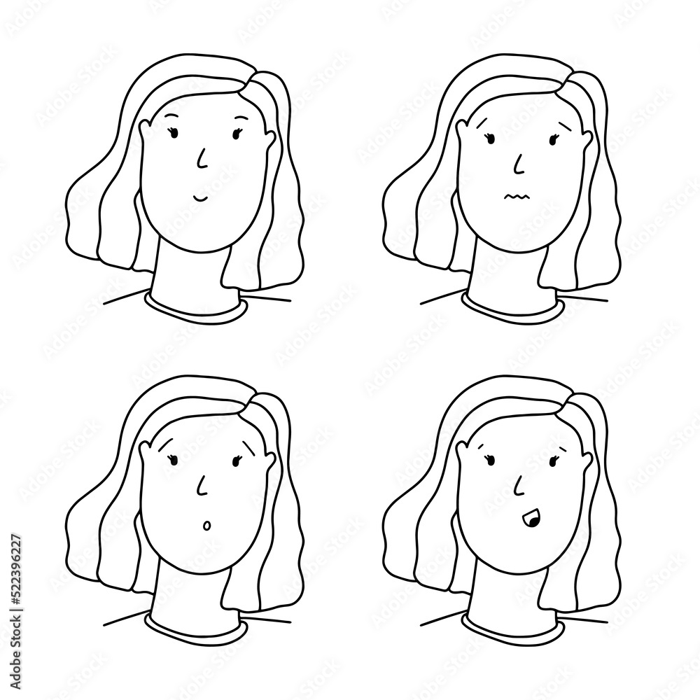 Set of different facial expressions female character. Outline, cartoon ...