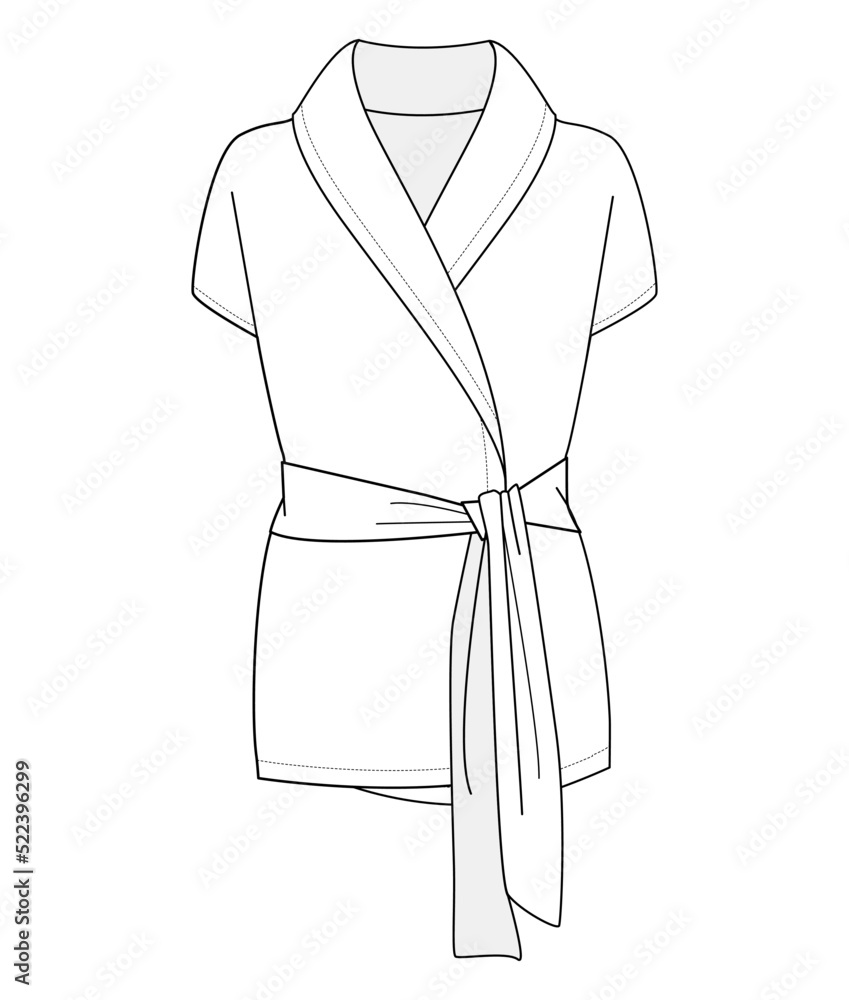 womens short sleeve dressing gown, robe fashion flat sketch vector ...