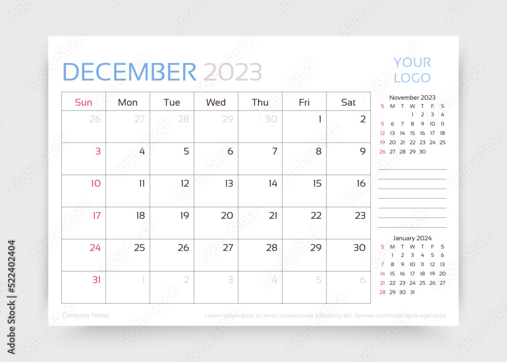 December 2023 year calendar. Planner calender template. Week starts ...