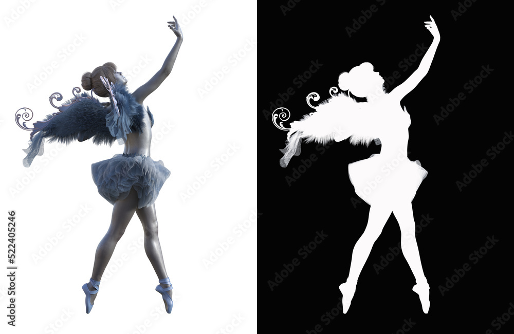 A dancing ballerina in an elegant ballet costume and with angel wings ...