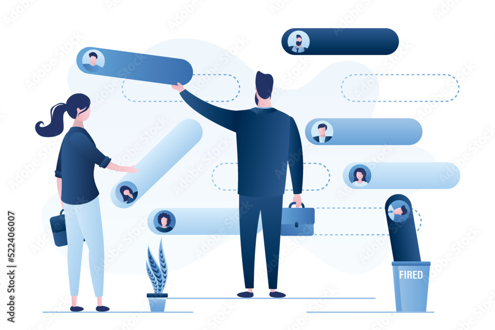 Team building, concept. Male boss and woman manager arranges resumes of ...