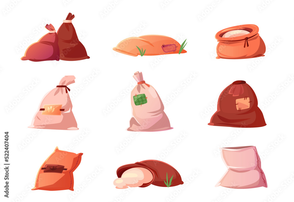 Bags and sacks with grain, flour, rice, cereal or salt isolated set ...