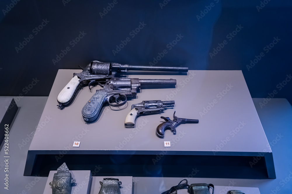 09 July 2022, Antalya, Turkey: Revolvers and guns at the historical ...