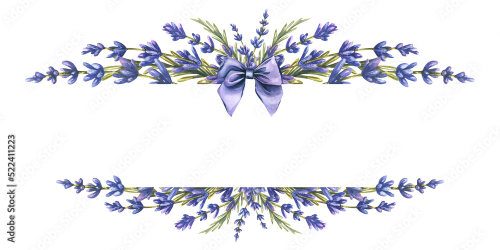 Horizontal frame with lavender flowers and twigs and a satin bow ...