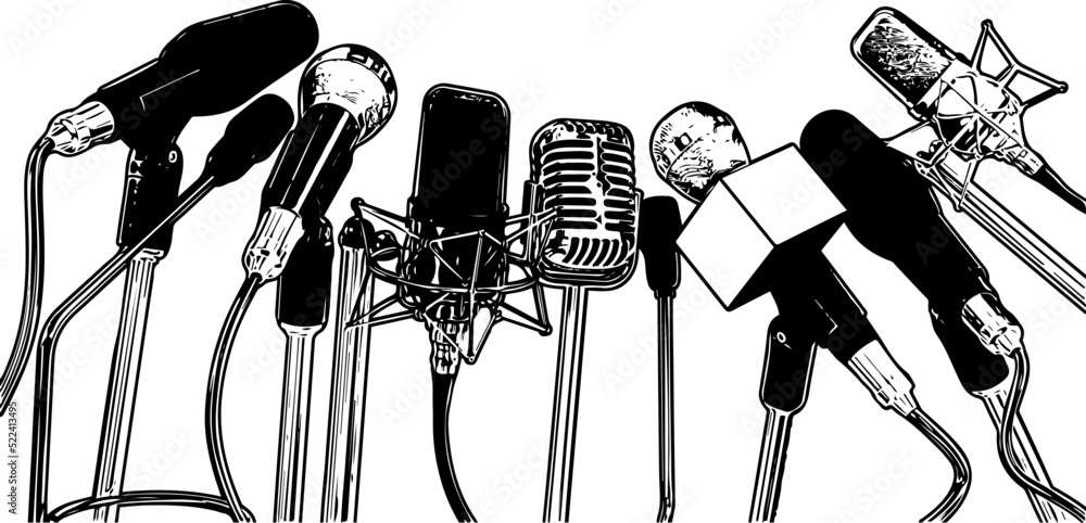 Silhouette Of The Press Conference Microphones, Sketch drawing of Set ...