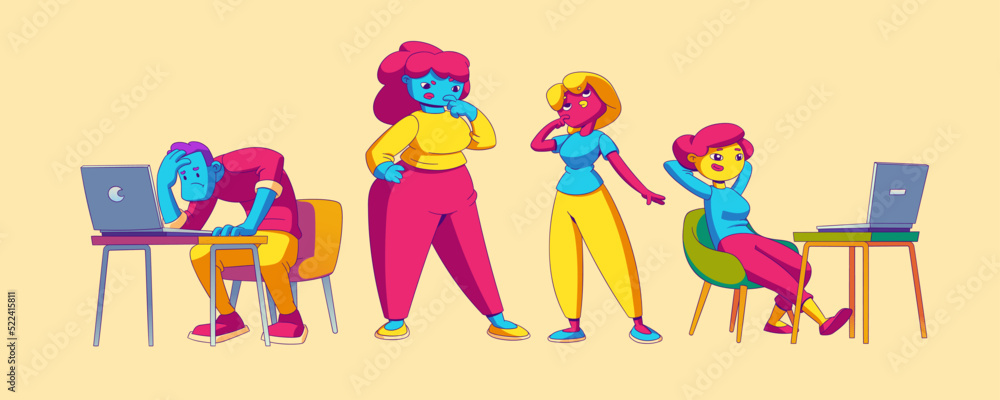 Persons think, doubtful people with questions, solve task, searching ...