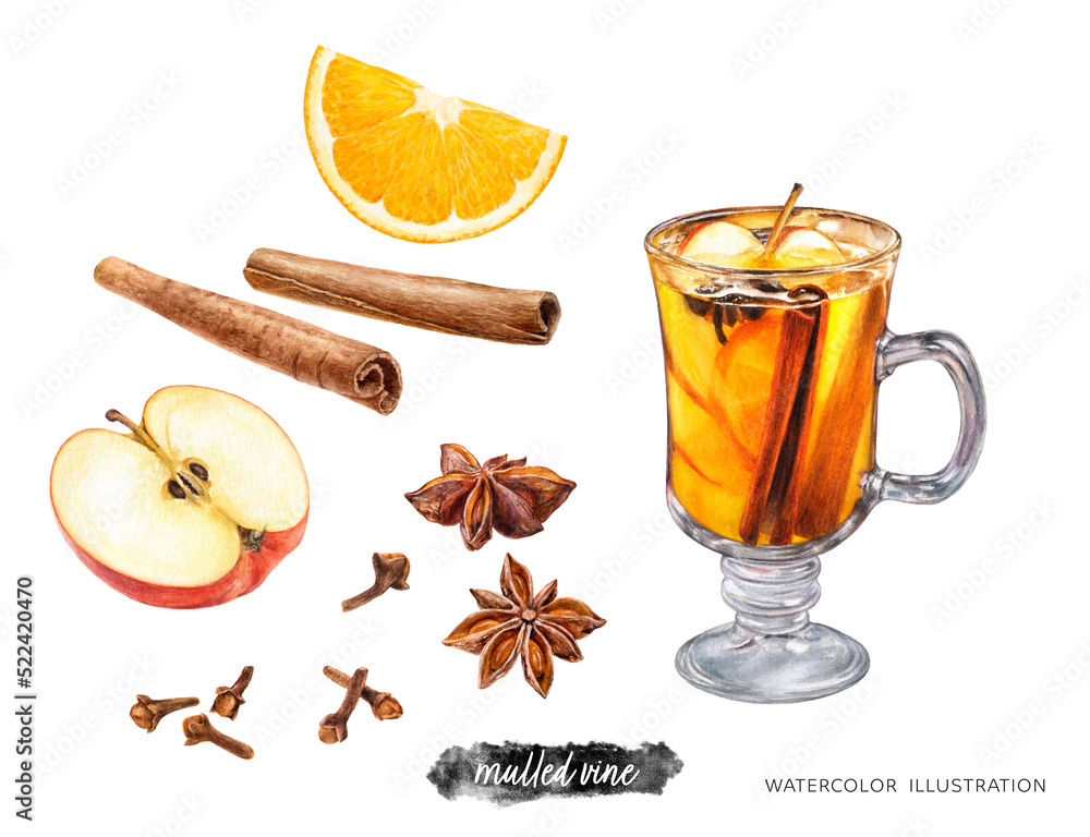 Apple cider drink glass hand drawn watercolor illustration isolated on ...