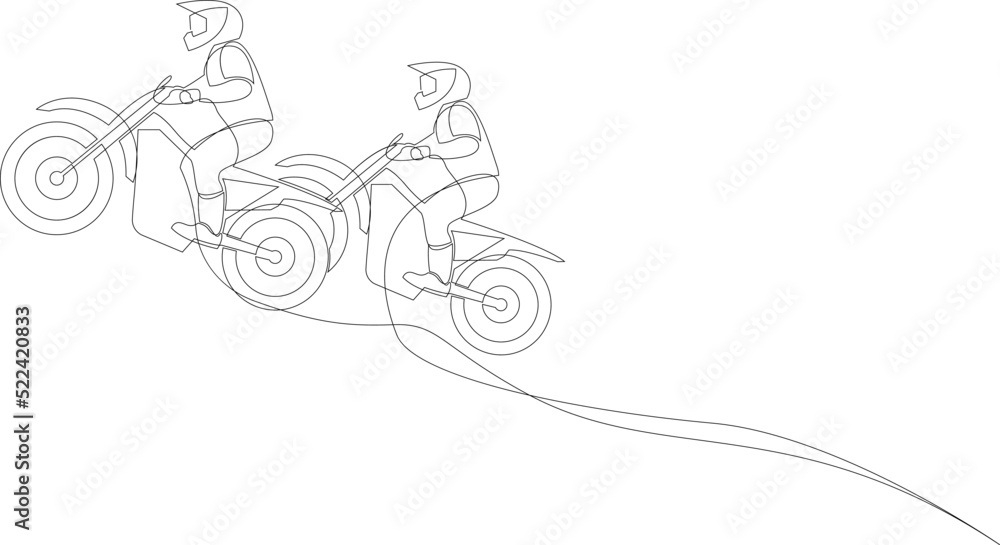 One continuous line drawing of two motocross riders climb mound of land ...