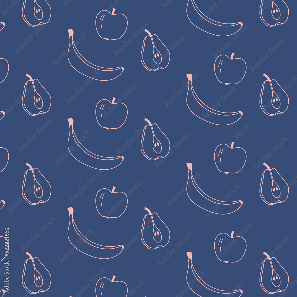 Seamless pink fruit pattern with banana, apple and pear in the dark ...