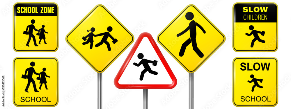 Set of school signs zone vector. Pedestrian. Road and Traffic signs ...